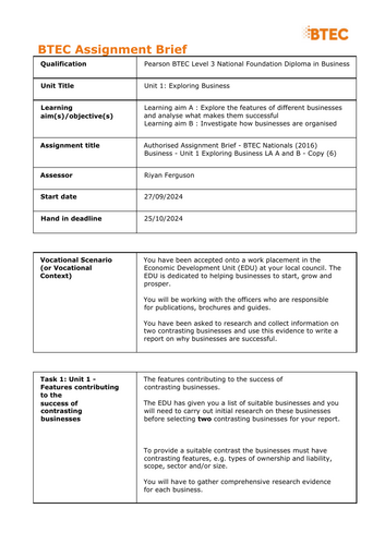 BTEC Business Unit 1: Exploring Business | Teaching Resources
