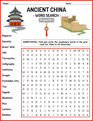 Ancient China Word Search Puzzle Worksheets Activity For Kids and Teens ...