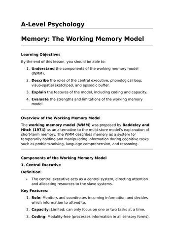 The Working Memory Model - A-Level Psychology Lesson | Teaching Resources