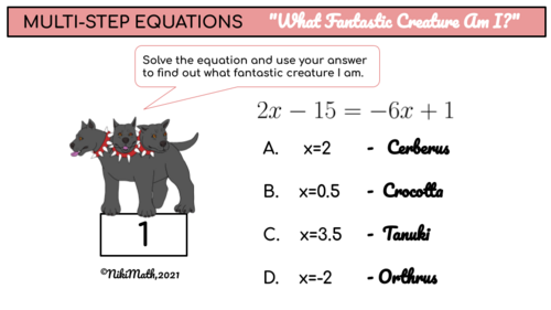 Multi-Step Equations - "What Fantastic Creature Am I?" Multiple-Choice ...