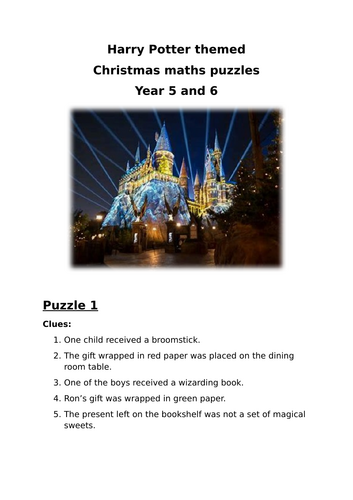 Christmas Harry Potter logic puzzles Y5 and 6 | Teaching Resources