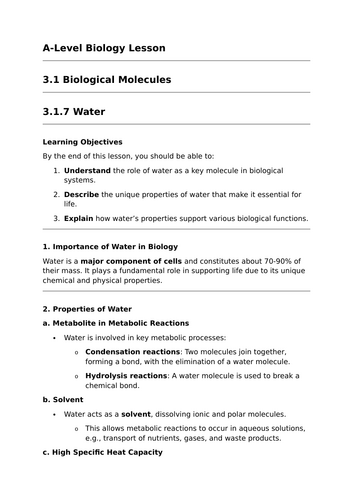 BIOLOGICAL MOLECULES - AQA A-Level Biology Lesson Bundle | Teaching ...