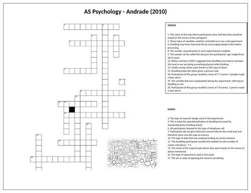 AS Level Psychology Crossword - Andrade (2010) WITH ANSWERS | Teaching ...