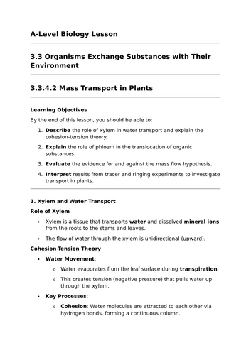 Mass Transport in Plants - A-Level Biology Lesson | Teaching Resources