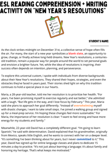 ESL Reading Comprehension + Writing Activity Worksheets - New Year's ...