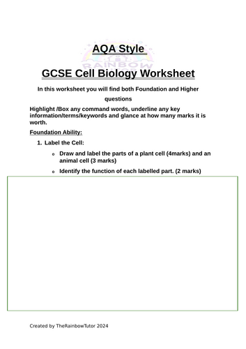 Cell Biology Worksheet | Teaching Resources