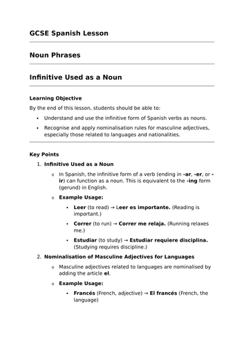 NOUN PHRASES - GCSE Spanish Lesson Bundle | Teaching Resources