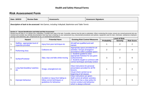PE Risk Assessments Physical Education | Teaching Resources