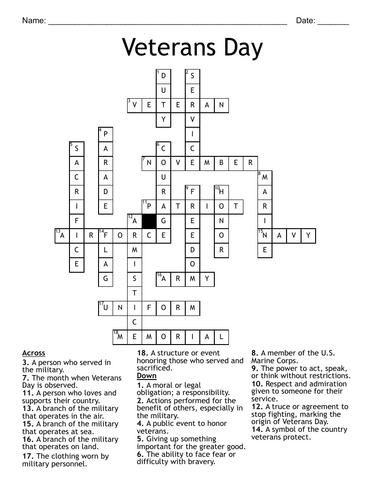 THE ORIGIN OF Veterans Day Crossword puzzle | Teaching Resources