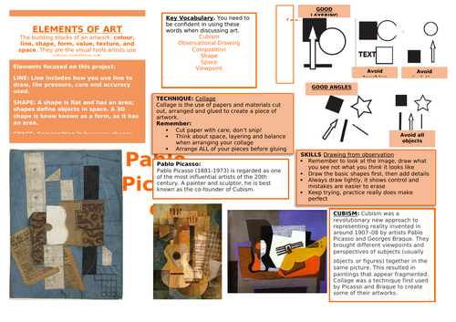 KS3 Art. Still life Collage inspire by Picasso - Knowledge Organiser ...