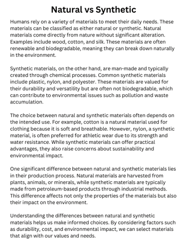 Natural vs Synthetic Reading Passage with Questions | Teaching Resources