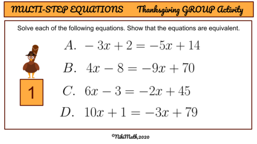 Multi-Step Equations - Thanksgiving Group Activity | Teaching Resources