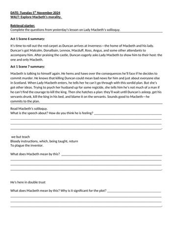 Macbeth Act 1 Worksheets | Teaching Resources