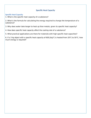 Specific heat capacity worksheet KS4 questions only | Teaching Resources