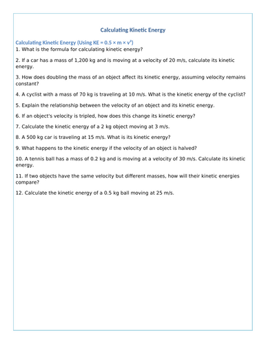 Kinetic energy worksheet KS4 questions only | Teaching Resources
