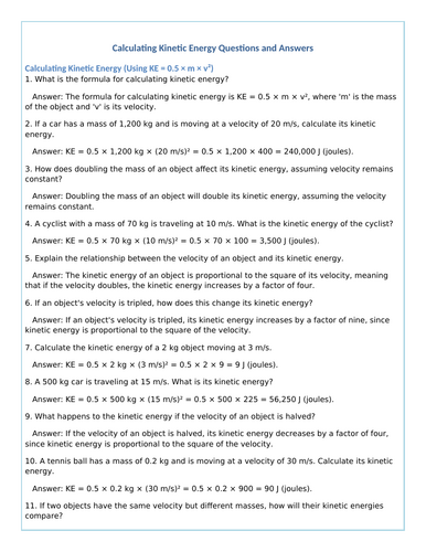 Kinetic energy worksheet KS4 questions and answers | Teaching Resources
