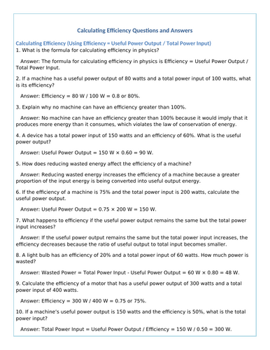 Calculating efficiency KS4 worksheet questions and answers | Teaching Resources