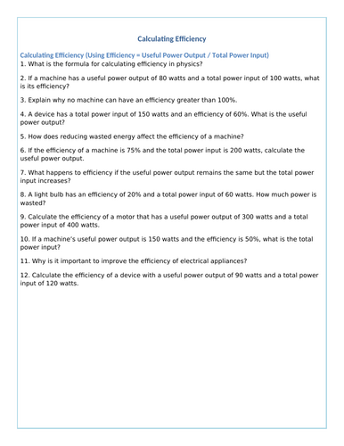 Calculating efficiency KS4 worksheet questions only | Teaching Resources