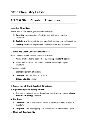 Giant Covalent Structures - GCSE Chemistry Lesson | Teaching Resources
