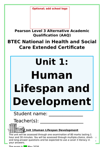 AAQ BTEC Health & Social Care Unit 1 Human Lifespan development ...