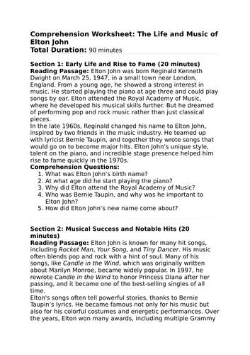 Music Cover - Elton John Comprehension | Teaching Resources