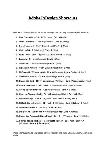 20x Adobe InDesign Shortcuts | Teaching Resources