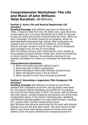 Music Cover - John Williams Comprehension | Teaching Resources