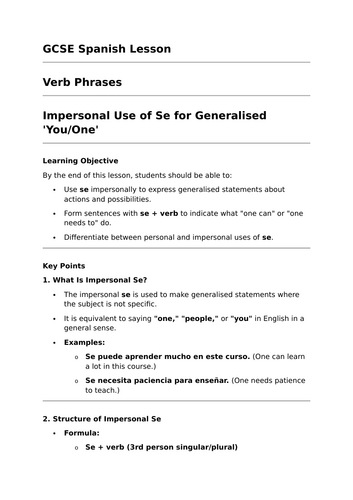 IMPERSONAL VERBS - GCSE Spanish Lesson Bundle | Teaching Resources