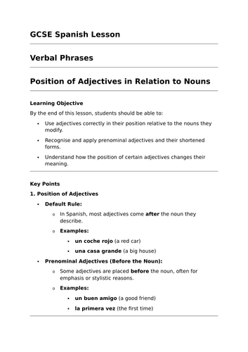Position of Adjectives - GCSE Spanish Grammar Lesson | Teaching Resources