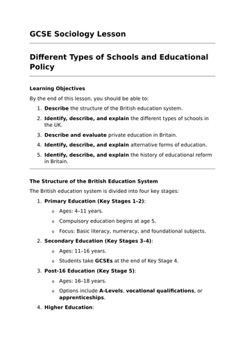 Educational Policy - GCSE Sociology Lesson | Teaching Resources