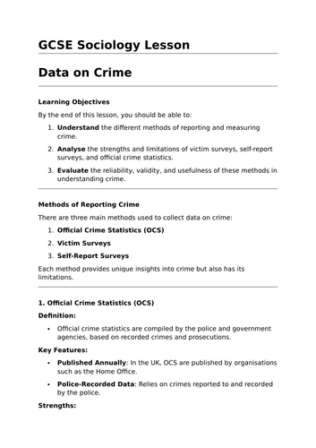 Data on Crime - GCSE Sociology Lesson | Teaching Resources