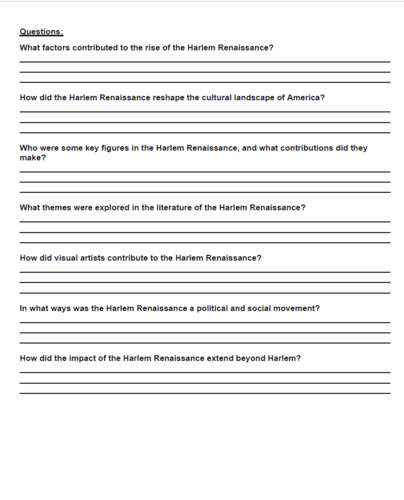 Harlem Renaissance Worksheet Packet (32 Assignments) | Teaching Resources