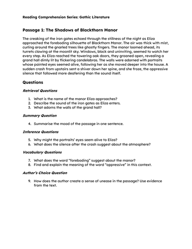 KS3 Gothic Literature Reading Comprehension - Pack 2 | Teaching Resources