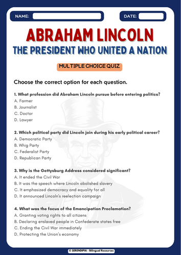 Abraham Lincoln's Biography | READING + WRITING PROMPTS | Middle School ...
