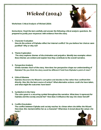 Wicked (2024) Film: Comprehension & Critical Analysis Worksheets ...