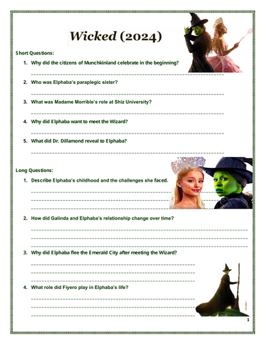Wicked (2024) Film: Comprehension & Critical Analysis Worksheets ...