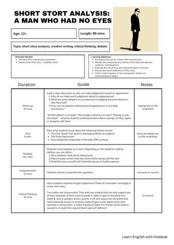 "A Man Who Had No Eyes" Analysis Lesson Plan | Teaching Resources
