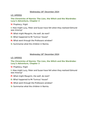 Narnia chapter 3 Lucy's Adventure VIPERS reading comp | Teaching Resources