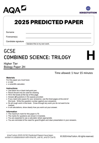 GCSE PREDICTED 2025 COMBINED SCIENCE BIOLOGY PAPER 2 HIGHER (AQA ...