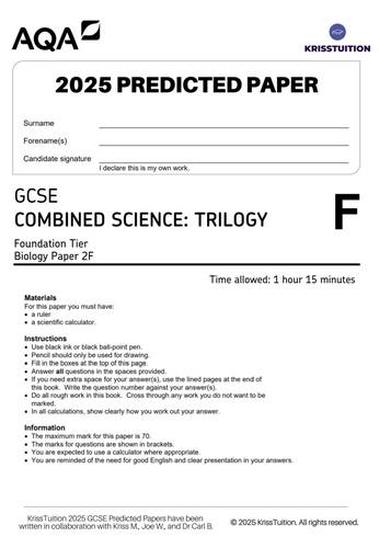 GCSE PREDICTED 2025 COMBINED SCIENCE BIOLOGY PAPER 2 FOUNDATION (AQA) | Teaching Resources