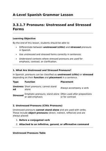 Stressed and Unstressed Pronouns - A-Level Spanish Grammar | Teaching ...