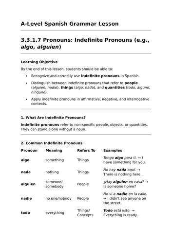 Indefinite Pronouns - A-Level Spanish Grammar | Teaching Resources