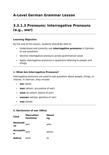 German Interrogative Pronouns – Interrogative Pronouns Deutsch Übungen ...