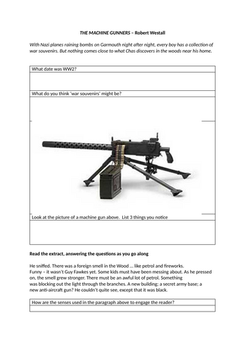 English KS3 / GCSE Fiction The Machine Gunners Comprehension, Analysis ...