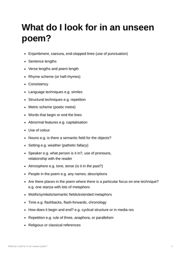 Unseen Poetry Checklist: What to Look for and How to Analyse | Teaching ...
