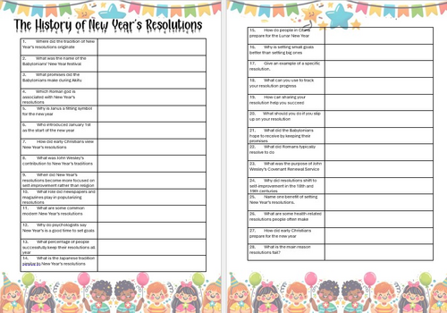 History of New Year’s Resolutions. Text and 30 Questions. | Teaching ...