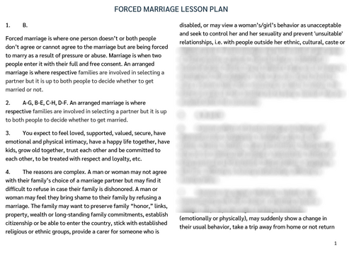 Forced Marriage Worksheet and Lesson Plan (US) | Teaching Resources