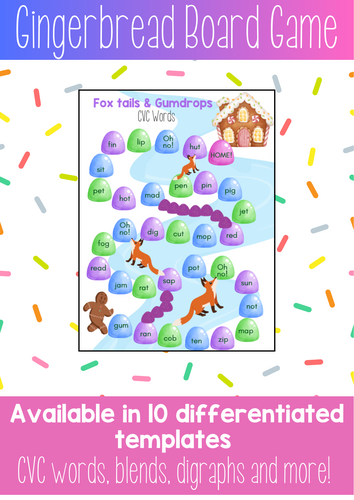 Gingerbread "Snakes & Ladders" Reading Game -Letter Sounds, CVC, vowels ...