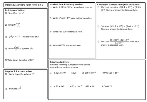 GCSE Higher Maths Revision Sheet - Indices & Standard Form | Teaching ...