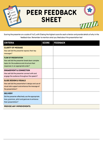 Presentation Peer Feedback Form | Teaching Resources